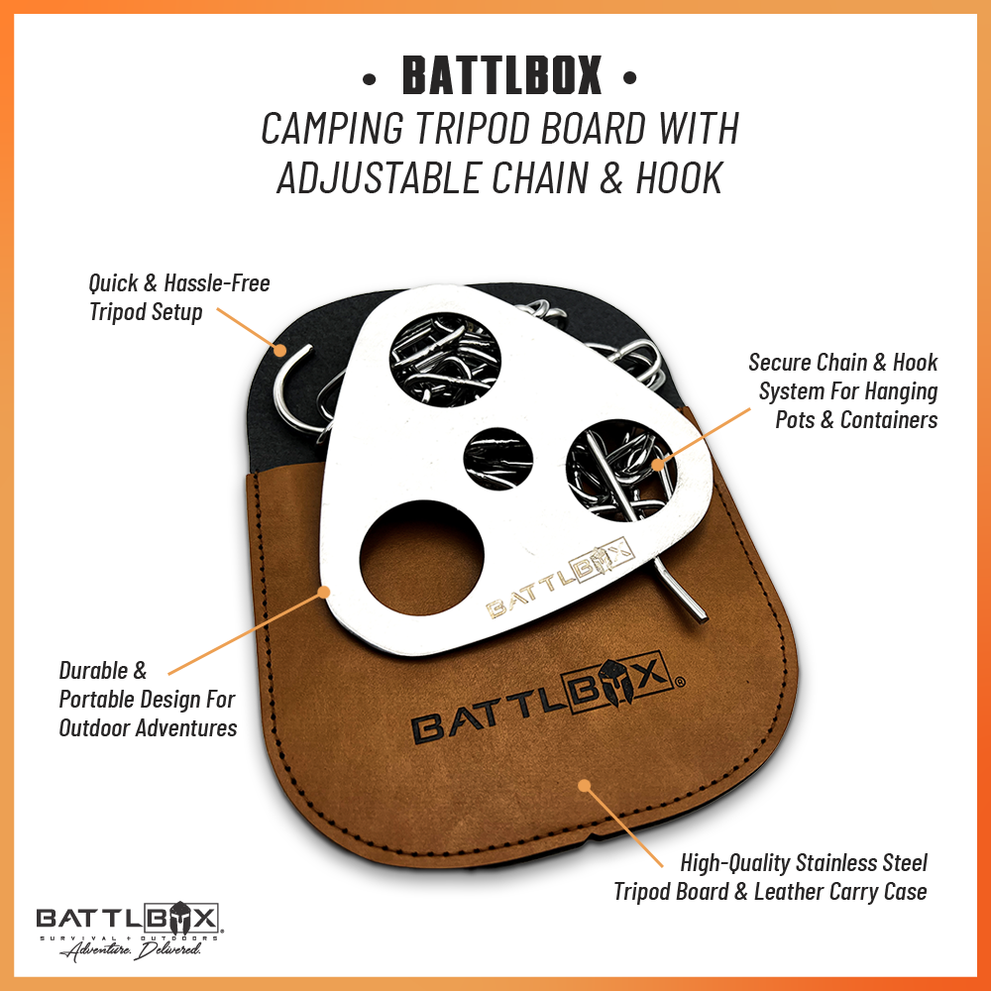 BattlBox Camping Tripod Board With Adjustable Chain & Hook - Battlbox.com